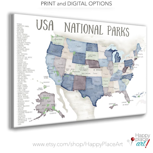 USA National Parks Map for Push Pins Map With List of Park | Etsy