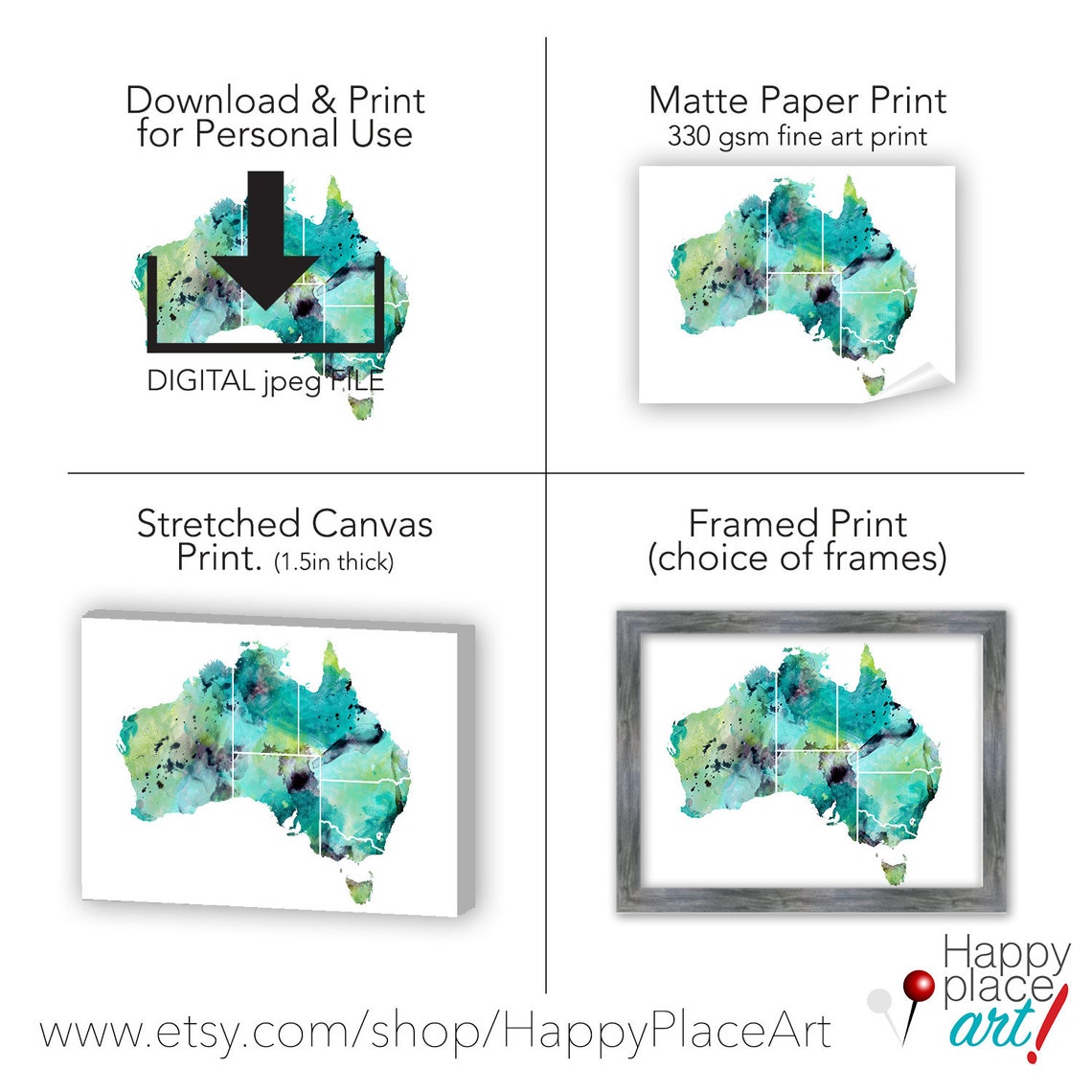Watercolour Map of Australia, Large Australian Map Poster Turquoise ...