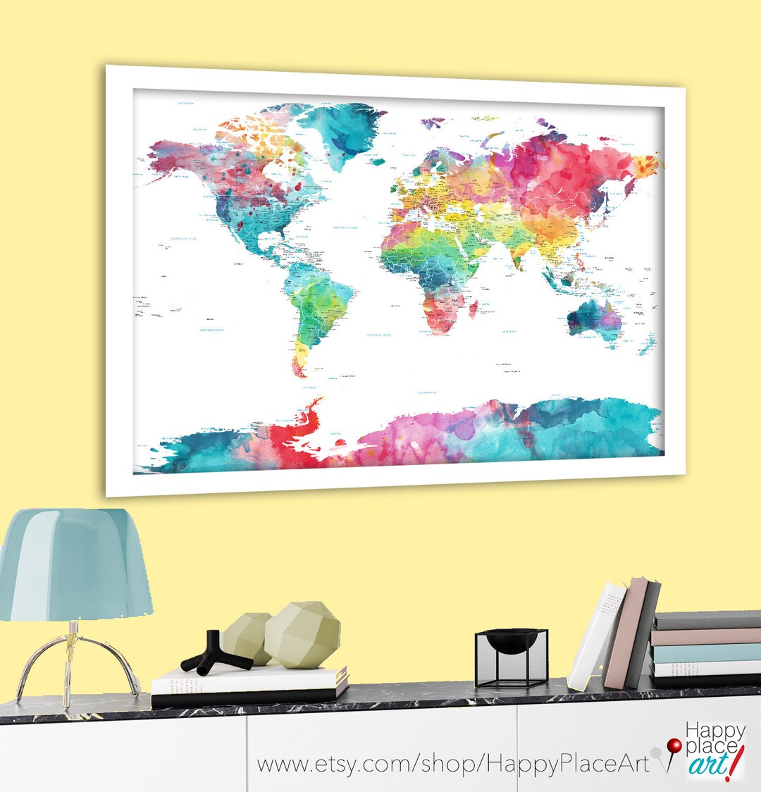 Pretty World Map, Pink and Blue, Large Colorful Wall Art, Personalized ...