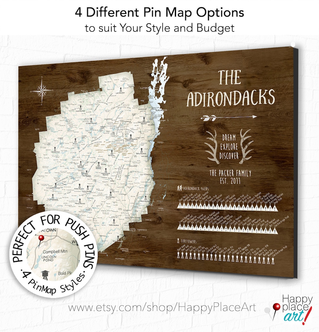 High Peaks ADK, Adirondack Fire Towers, Personalised Hiking Map Poster ...