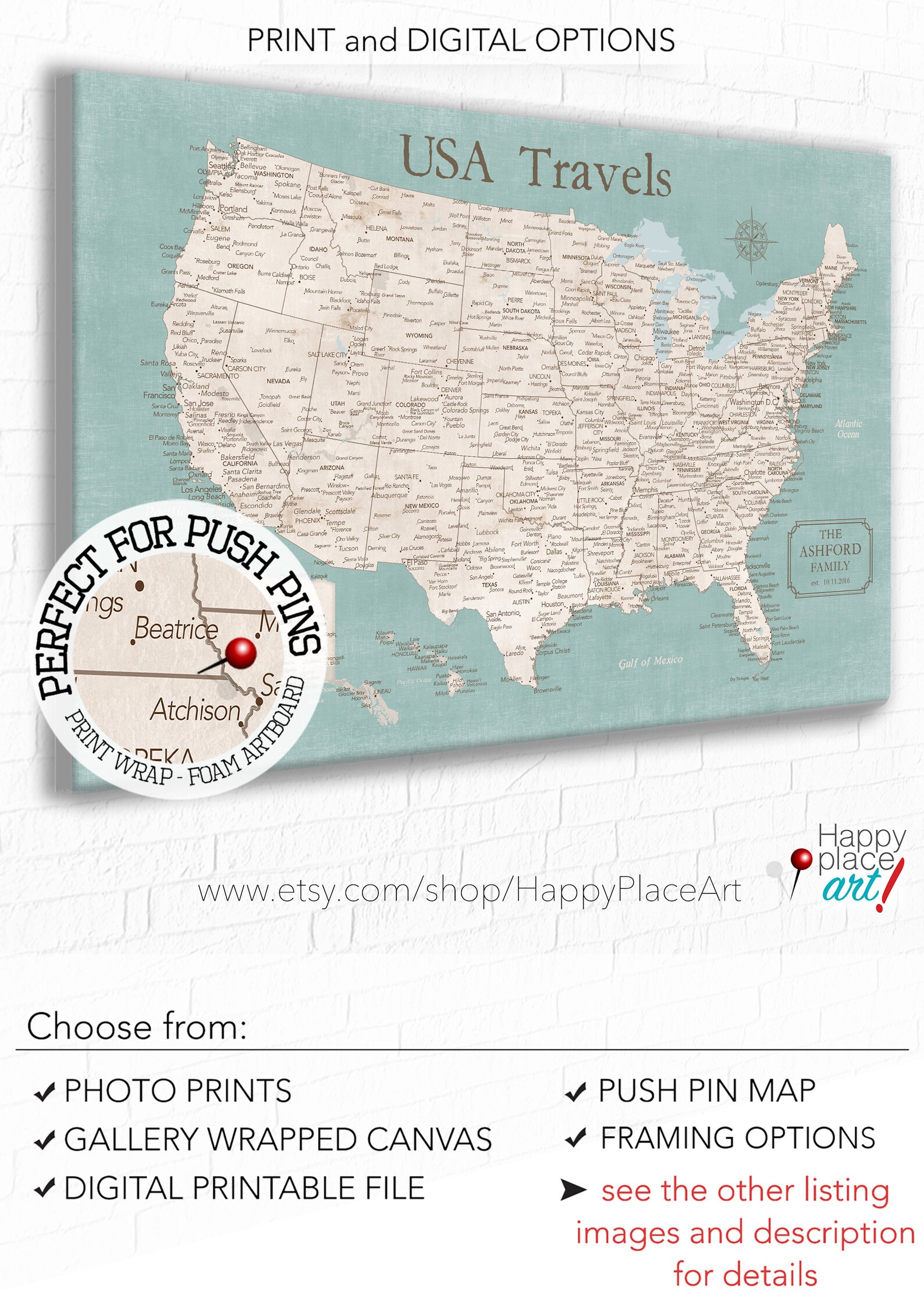 Modern USA Map With Vintage Look Detailed USA Cities for Push - Etsy