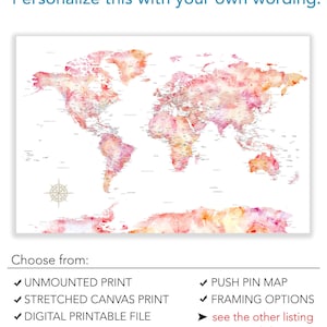 Pretty World Map, Pink Watercolor Map, Personalized Framed Pin Map to ...