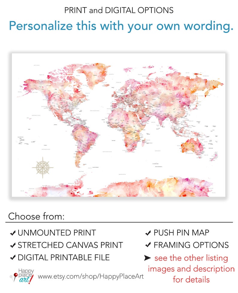 Pretty World Map Pink Watercolor Map Personalized Framed Pin - Etsy