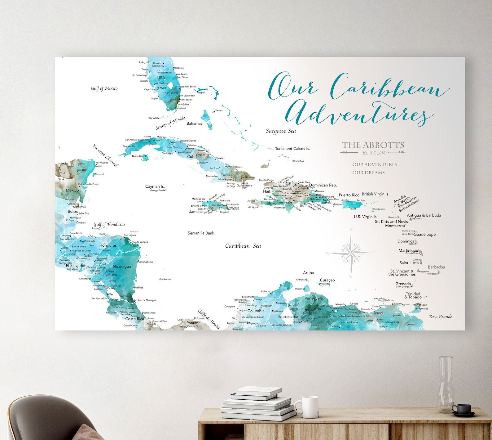 Custom Caribbean Map, Incl Optional Personalized Title and Legend ...