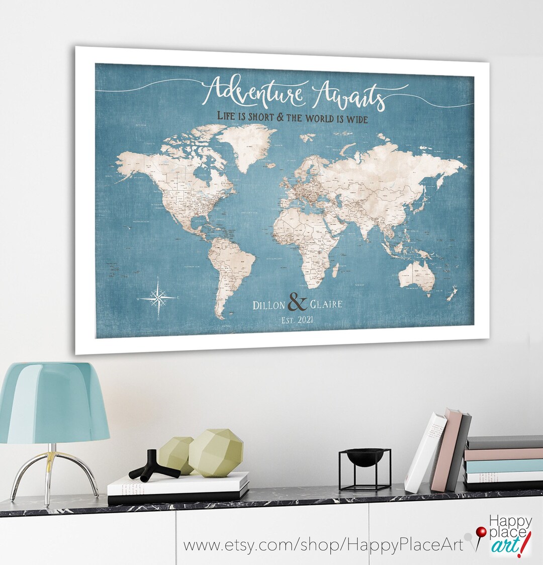 Framed Push Pin World Map, Family Adventure Map for Pins - Personalized ...