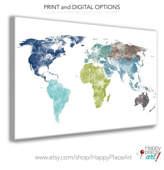 Digital Prints Art & Collectibles Prints World Map Print Continents Map ...