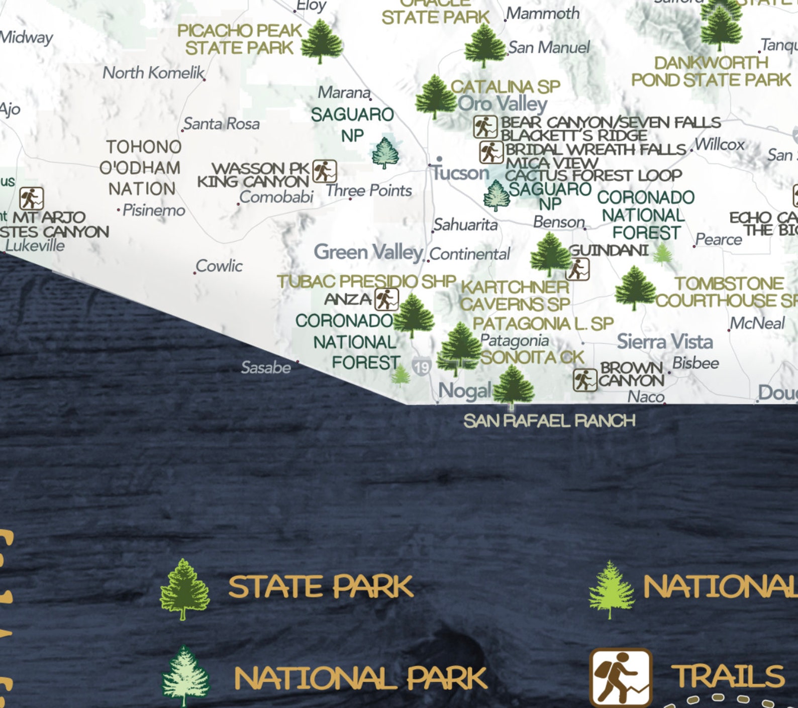 Arizona Map of State Parks and Hiking Trails Map Checklist, AZ Push Pin ...