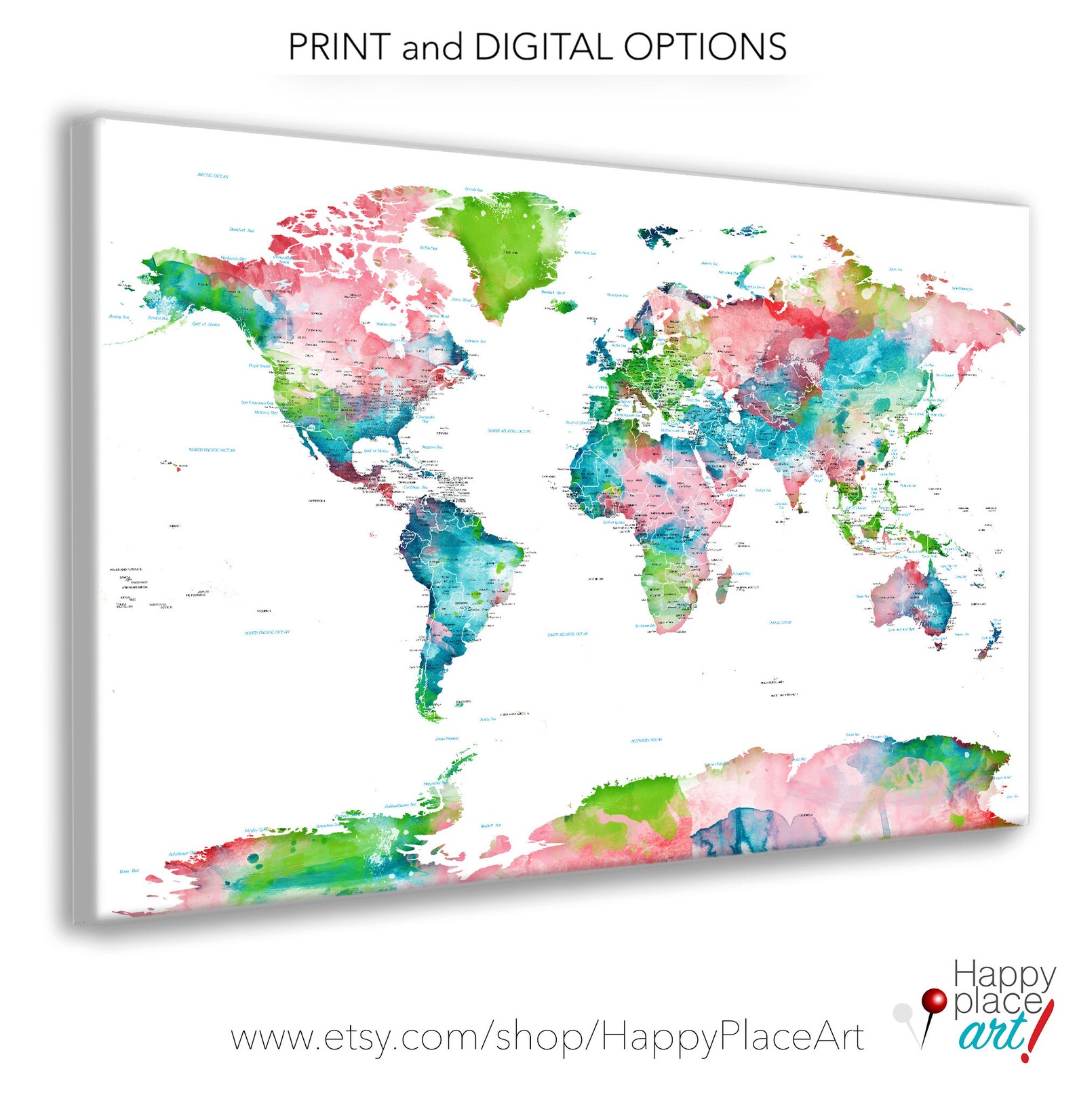 Huge Watercolor World Map Poster Turquoise and Coral Nursery | Etsy