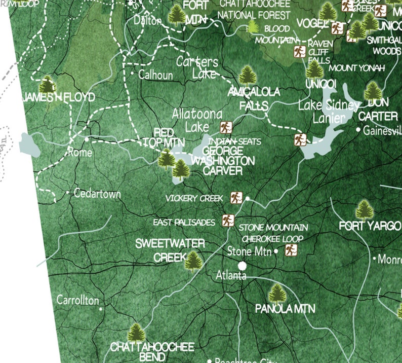 Georgia Map With State Parks and Hiking Trails, Push Pin Map of GA ...
