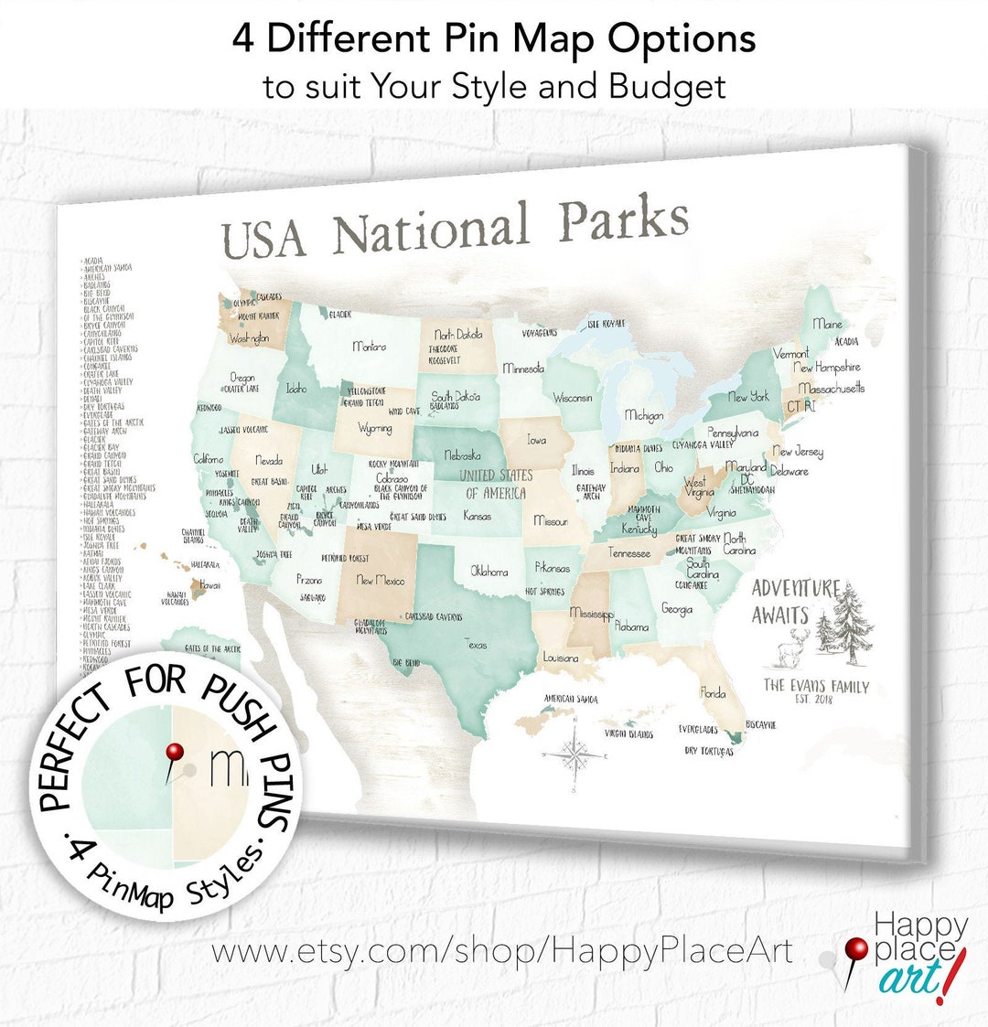 Personalized US National Parks Map, Adventure for Push Pin, Mark off ...