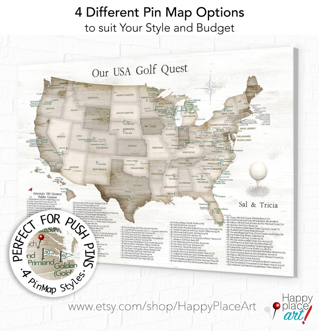 Golf Gift for Husband, Wall Map of USA Golf Courses. Top 100 Public ...