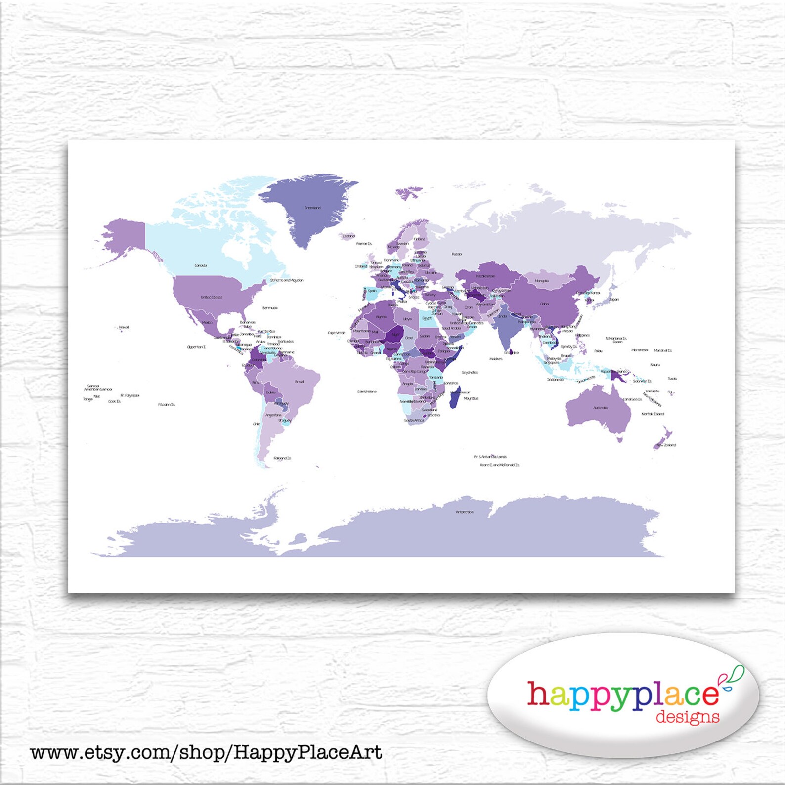 Purple World Map Wall Art in Large 20x30in & Country Labels - Etsy