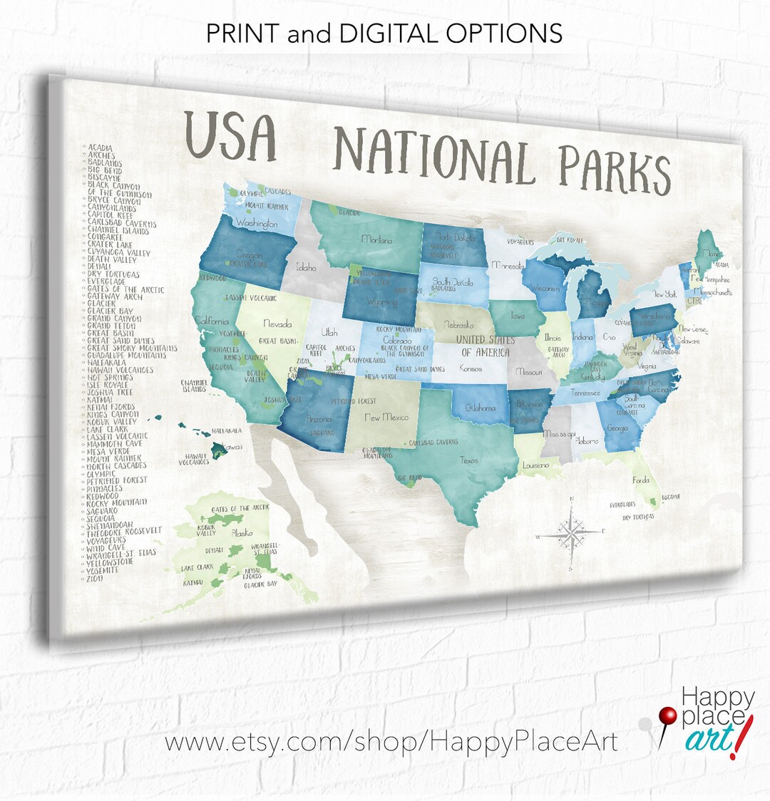 National Park Checklist and Map for Pins, USA Push Pin Map, Foam ...