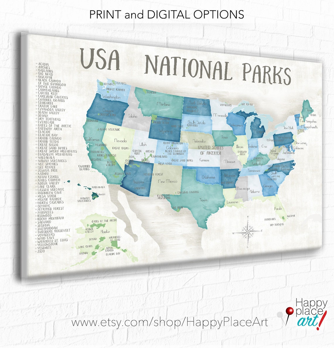 National Park Checklist and Map for Pins USA Push Pin Map | Etsy