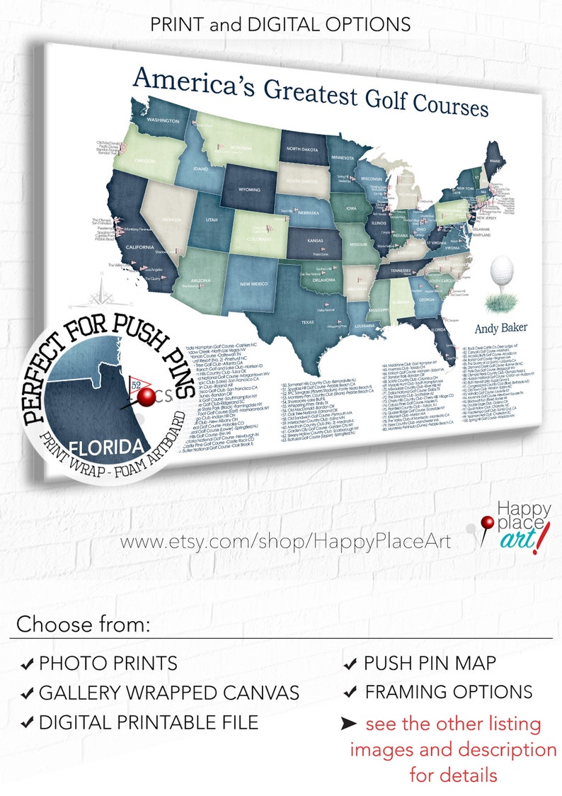 Top 100 Golf Courses Map of USA Gift for Dad Personalized | Etsy