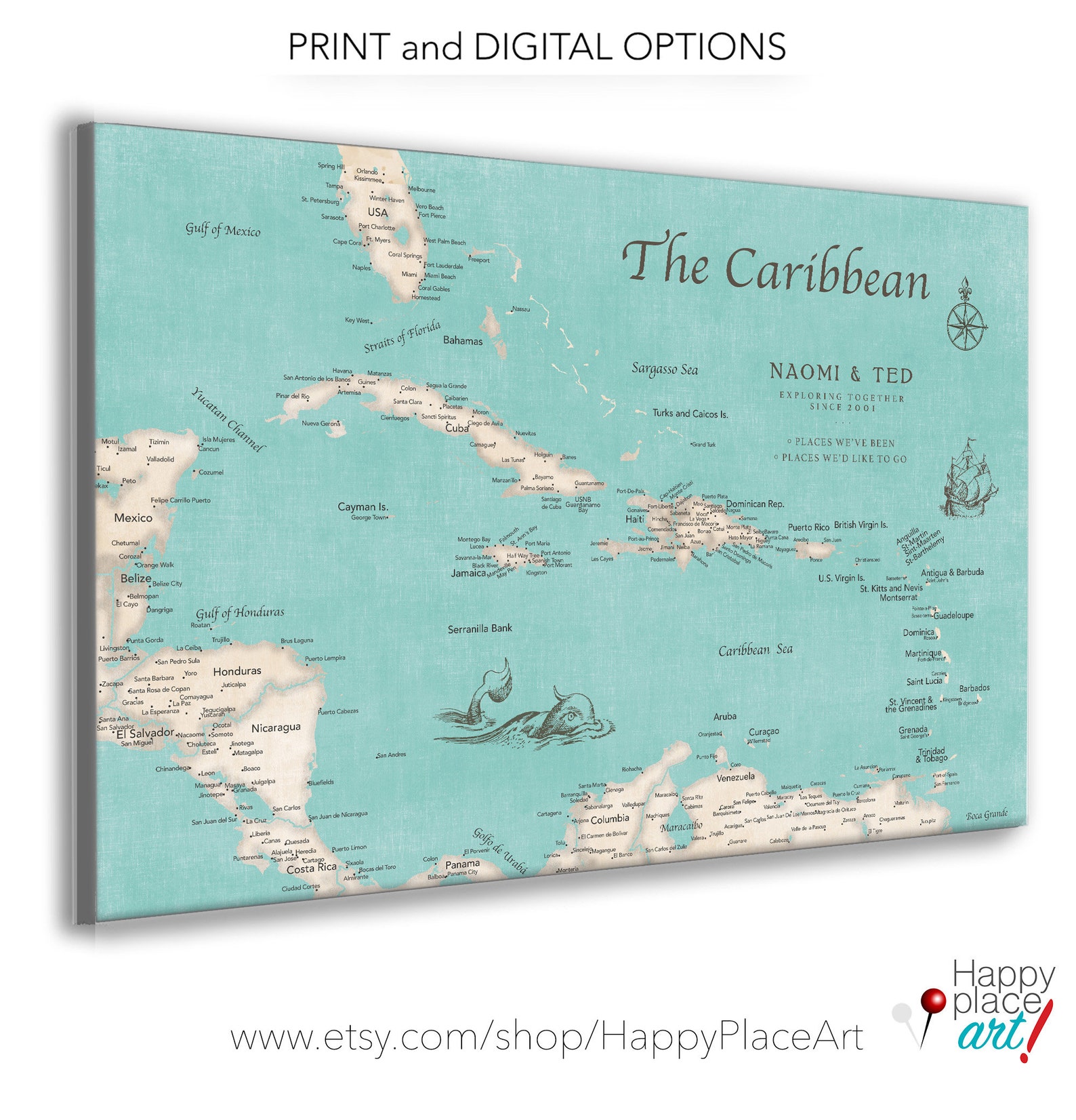 Personalized Push Pin Map of Caribbean With Frame or Ready to | Etsy