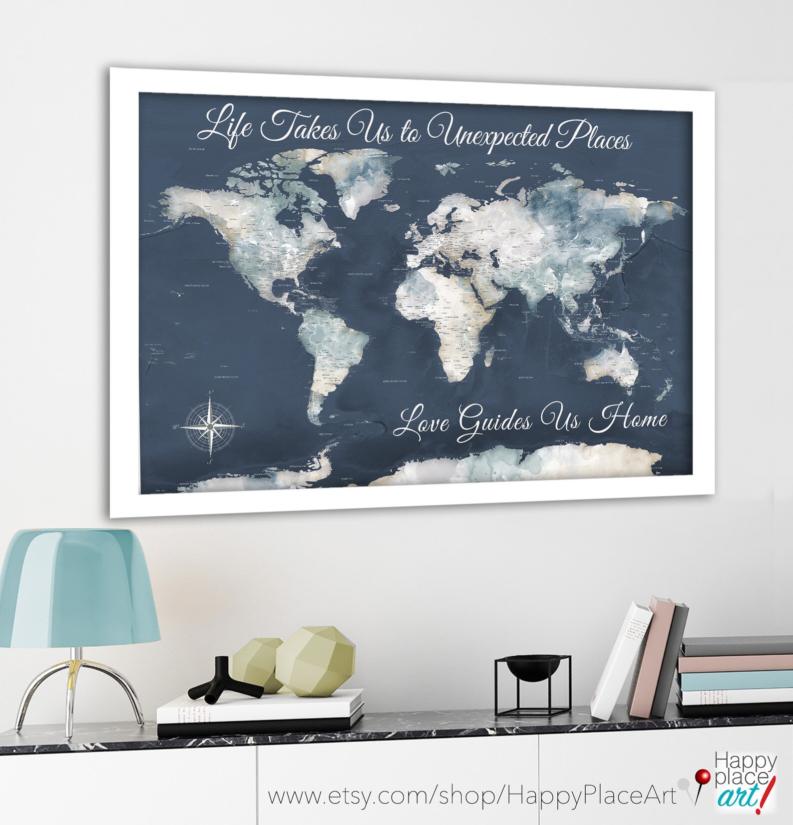 World Map Wall Art With Personalised Text Neutral Color Map | Etsy