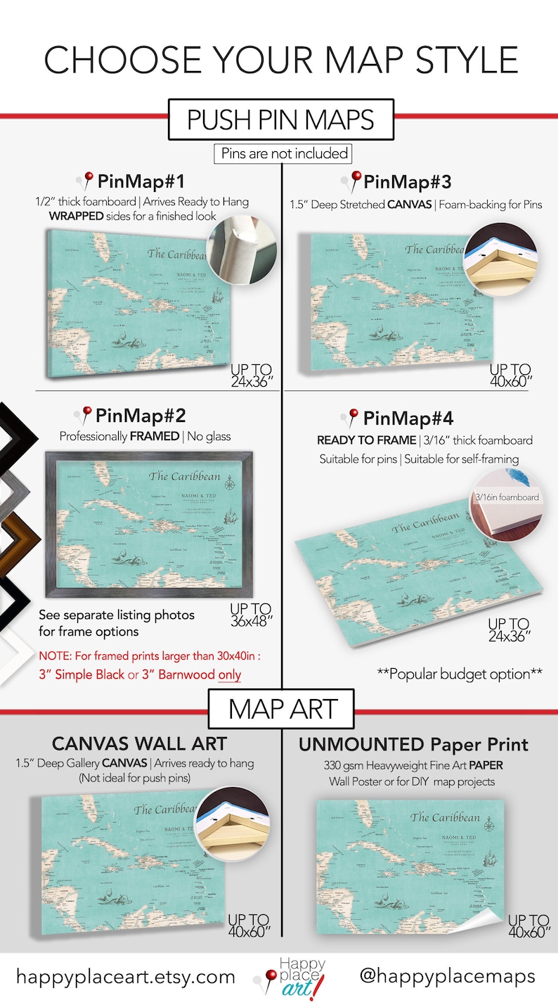 Personalized Push Pin Map of Caribbean With Frame or Ready to Hang ...