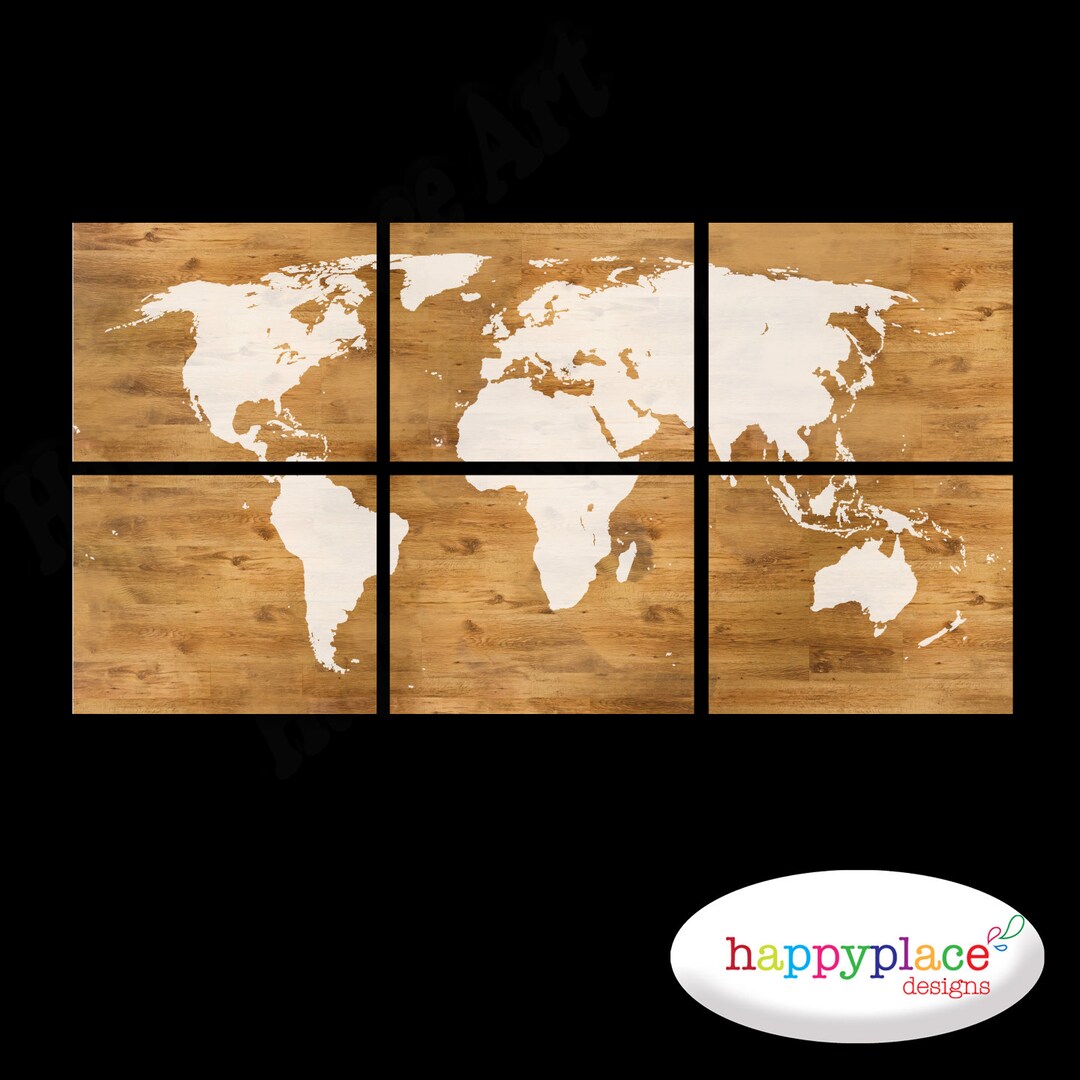 Cream World Map Print With Timber Wood Grain Texture. 6 Panels With the ...