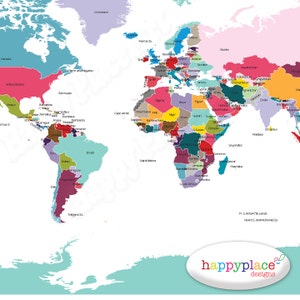 Printable World Map Wall Art in Large 20x30in With Lovely Bright Colors ...