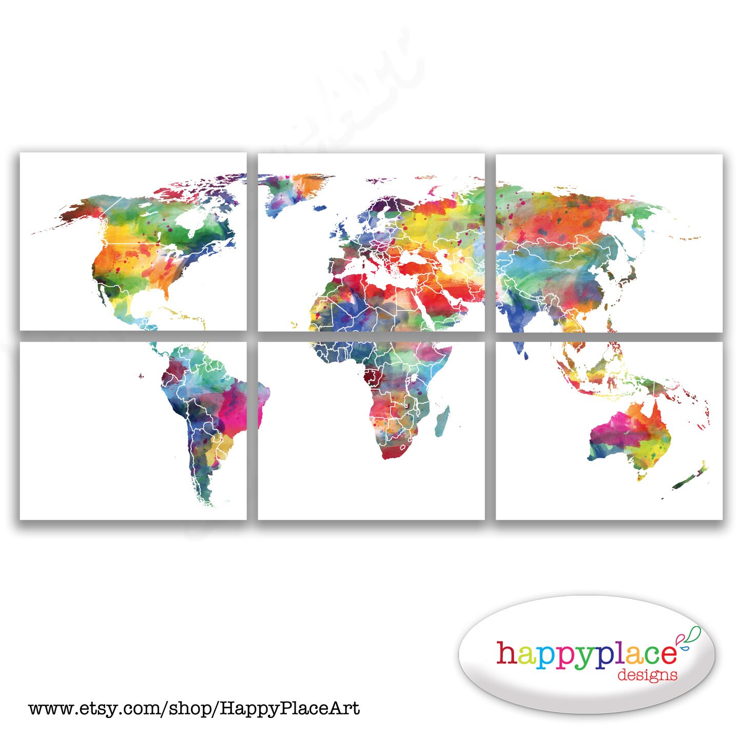 Very Large World Map in a Series of 6 Panels. Very Bright Colours and ...