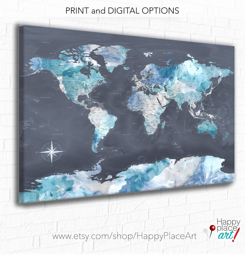 World Map Muted Tones Large World Map Map With Cities City - Etsy Canada