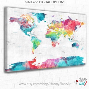 Pretty World Map, Pink and Blue, Large Colorful Wall Art, Personalized ...