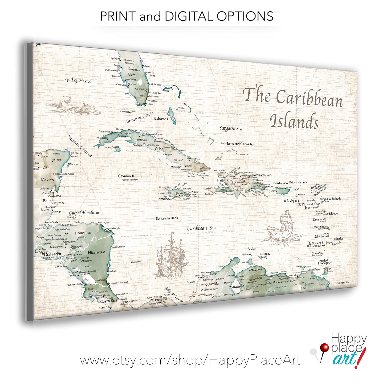 Vintage Push Pin Map of Caribbean With Modern Details, Island Sailing ...