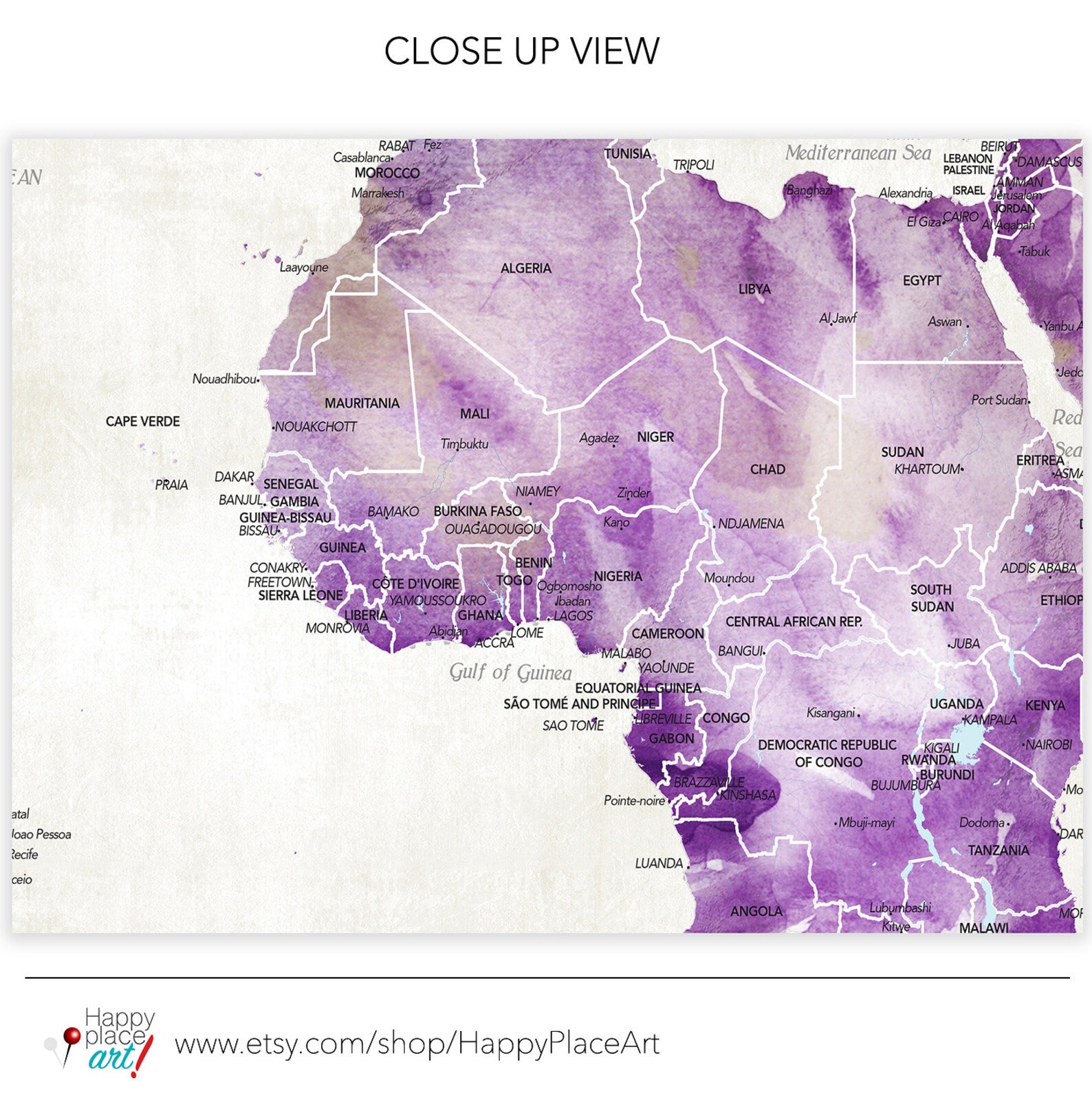 Purple and Gold Art, Elegant Map With Any Optional Wording, Travel Gift ...
