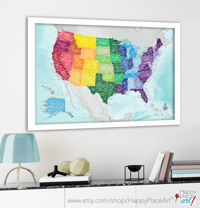 Colorful USA Map, City Names, Lakes & Rivers, Playroom Primary Color ...