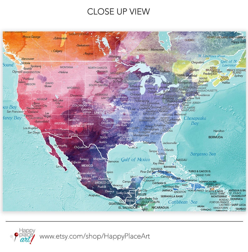 Colorful World Map, Bright World Map With US States, Cities, Large ...