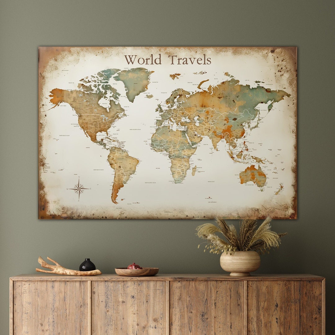 Extra Large Neutral Color Vintage Style Modern World Wall Map, Mounted ...