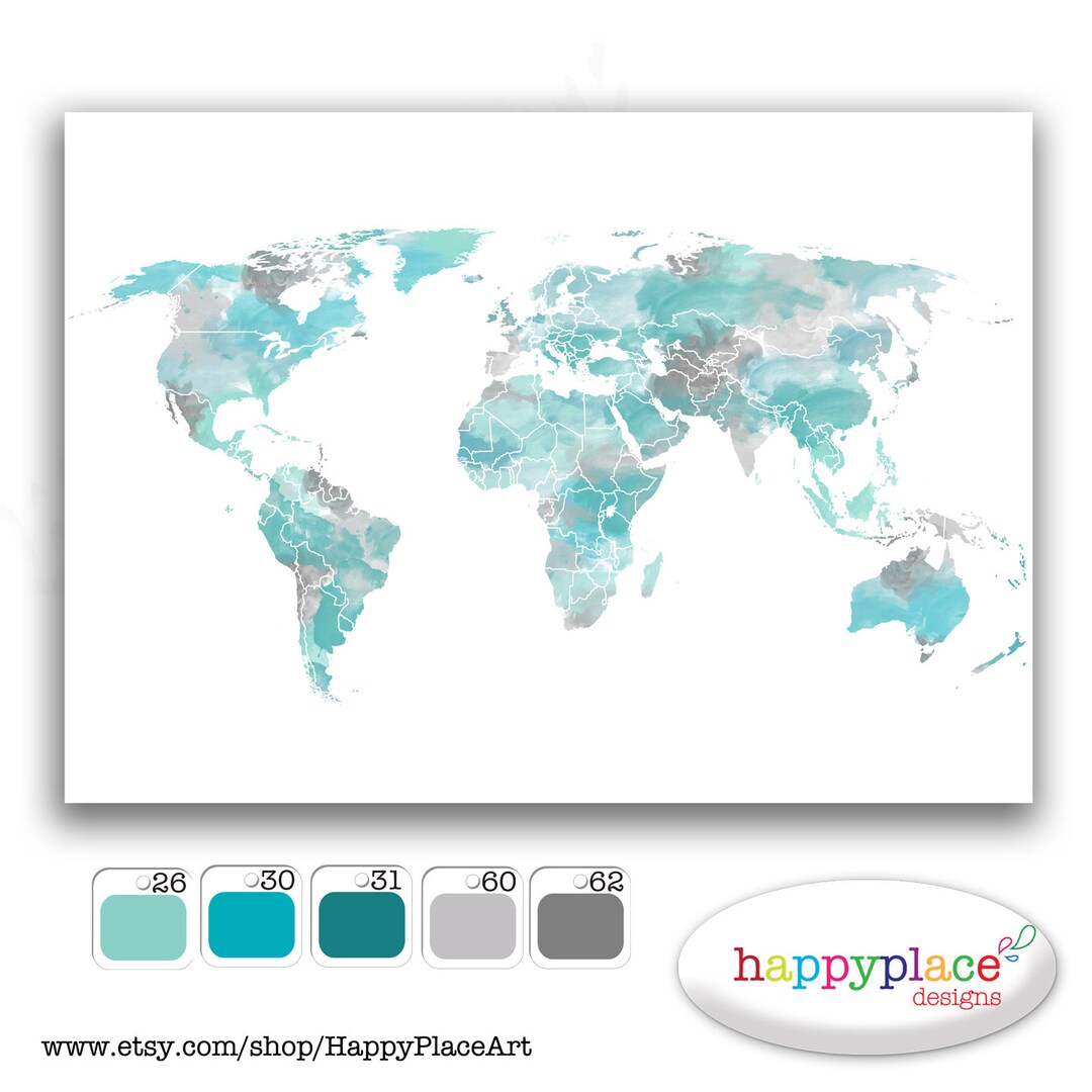 Aqua Large Travel World Map Digital Printable Map With - Etsy Australia