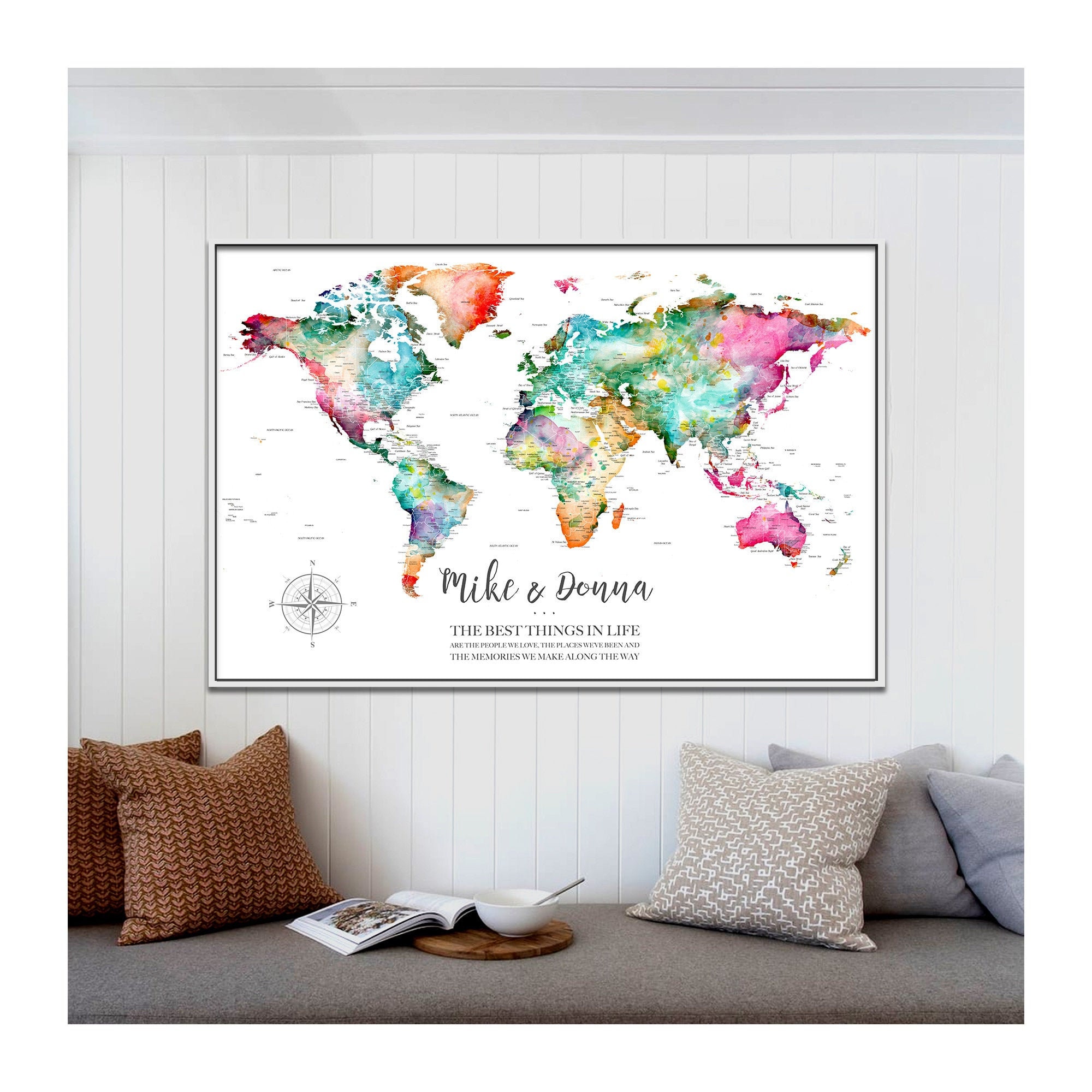 World Map Pin Board Map with Canvas Large Map Poster or Printable ...