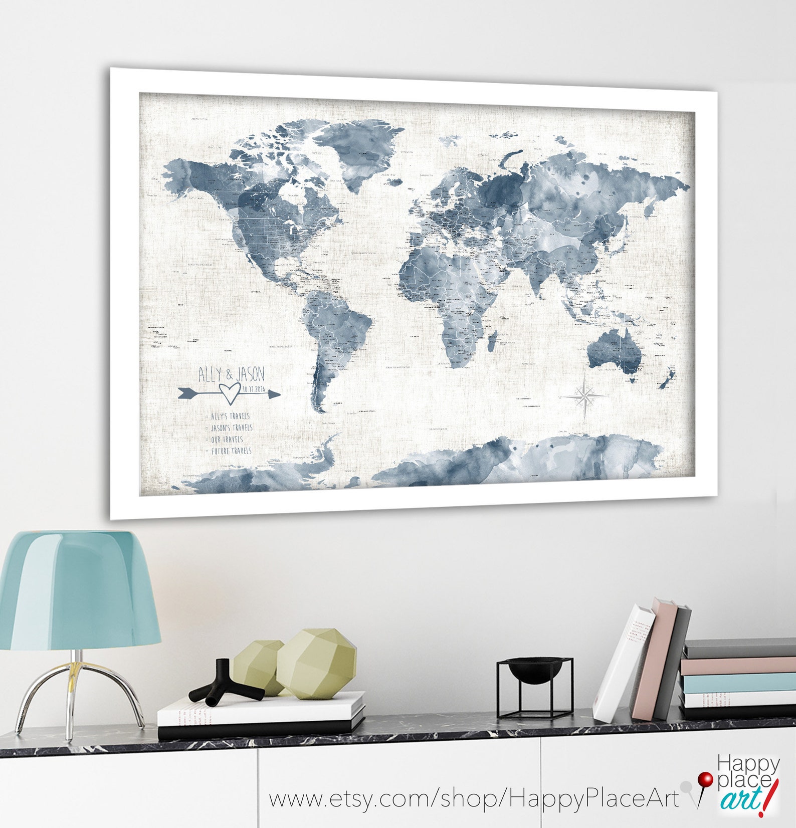 Muted Blue Gray World Map With Cities, Large Watercolor Map in Denim ...