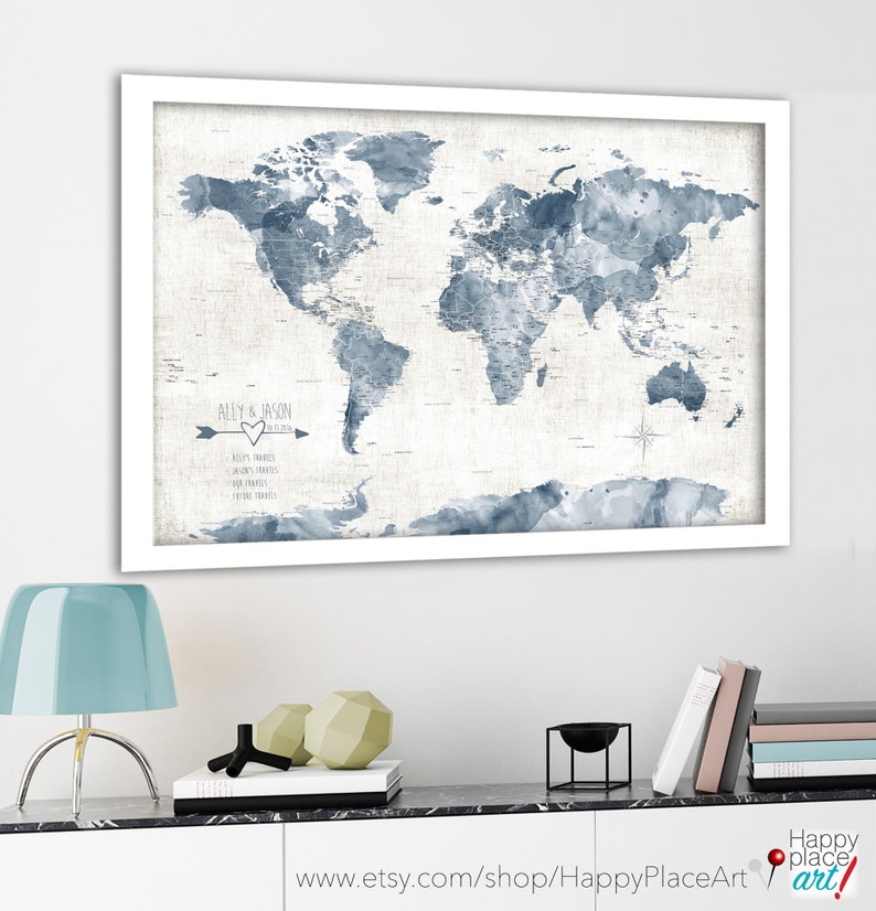 Muted Blue Gray World Map With Cities Large Watercolor Map in | Etsy