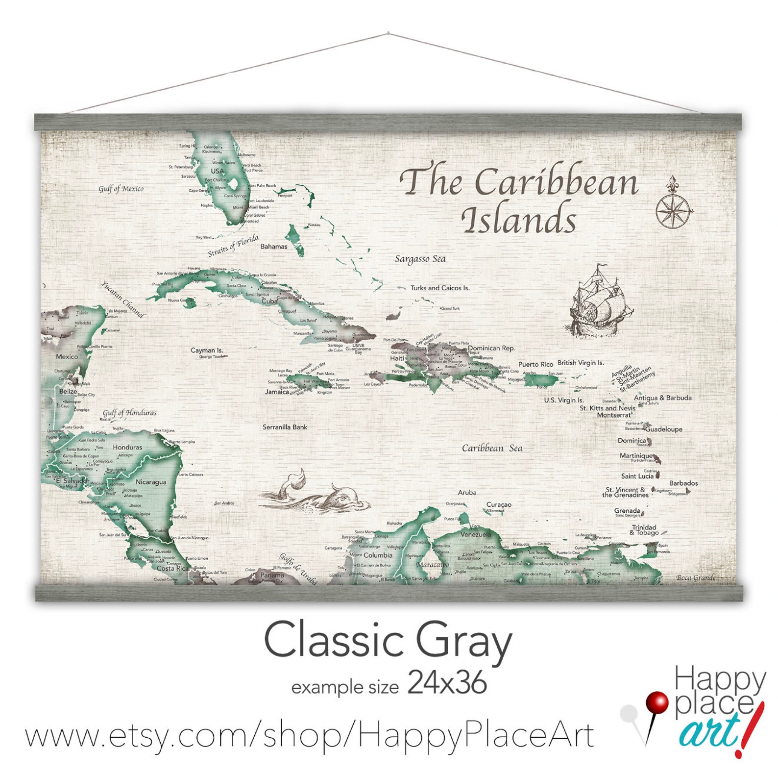 Caribbean Map Canvas, Caribbean Island Map, Large Map of Caribean ...