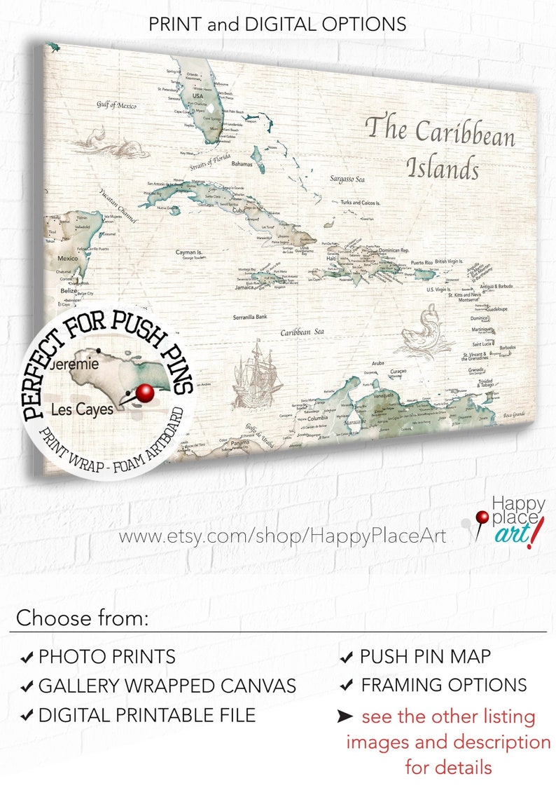 Vintage Push Pin Map of Caribbean With Modern Details, Island Sailing ...