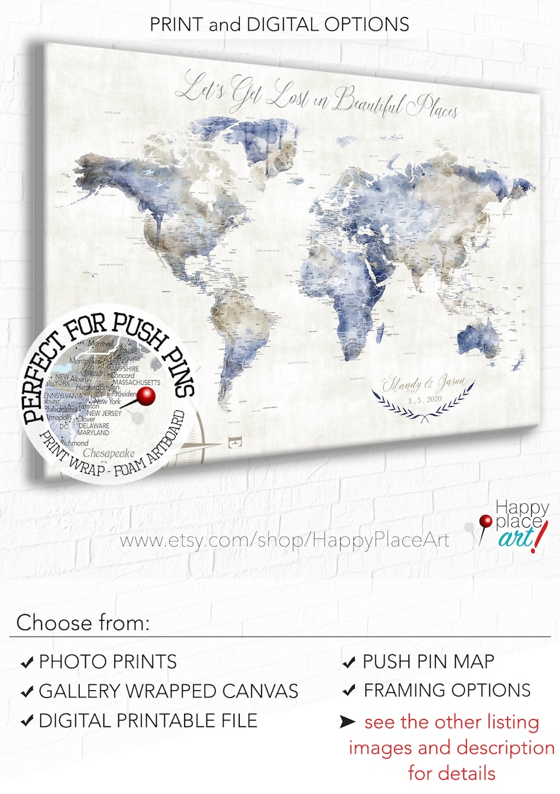 Large Push Pin Map Canvas Poster or World Map Print for | Etsy