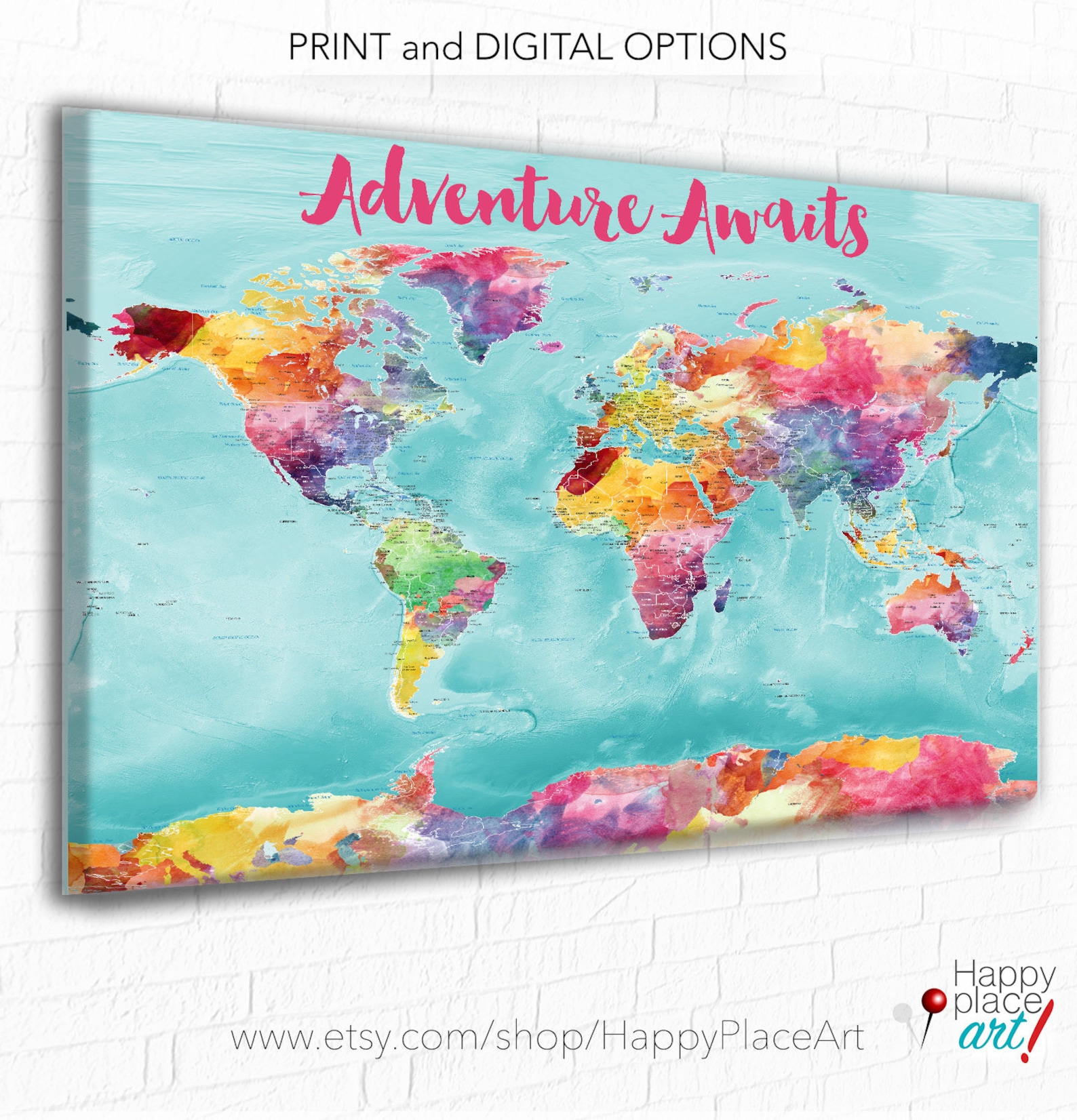 Colorful World Map Bright World Map With US States Cities - Etsy