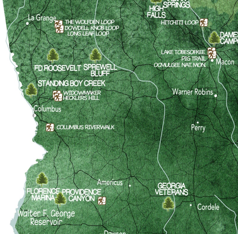 Georgia Map With State Parks and Hiking Trails, Push Pin Map of GA ...