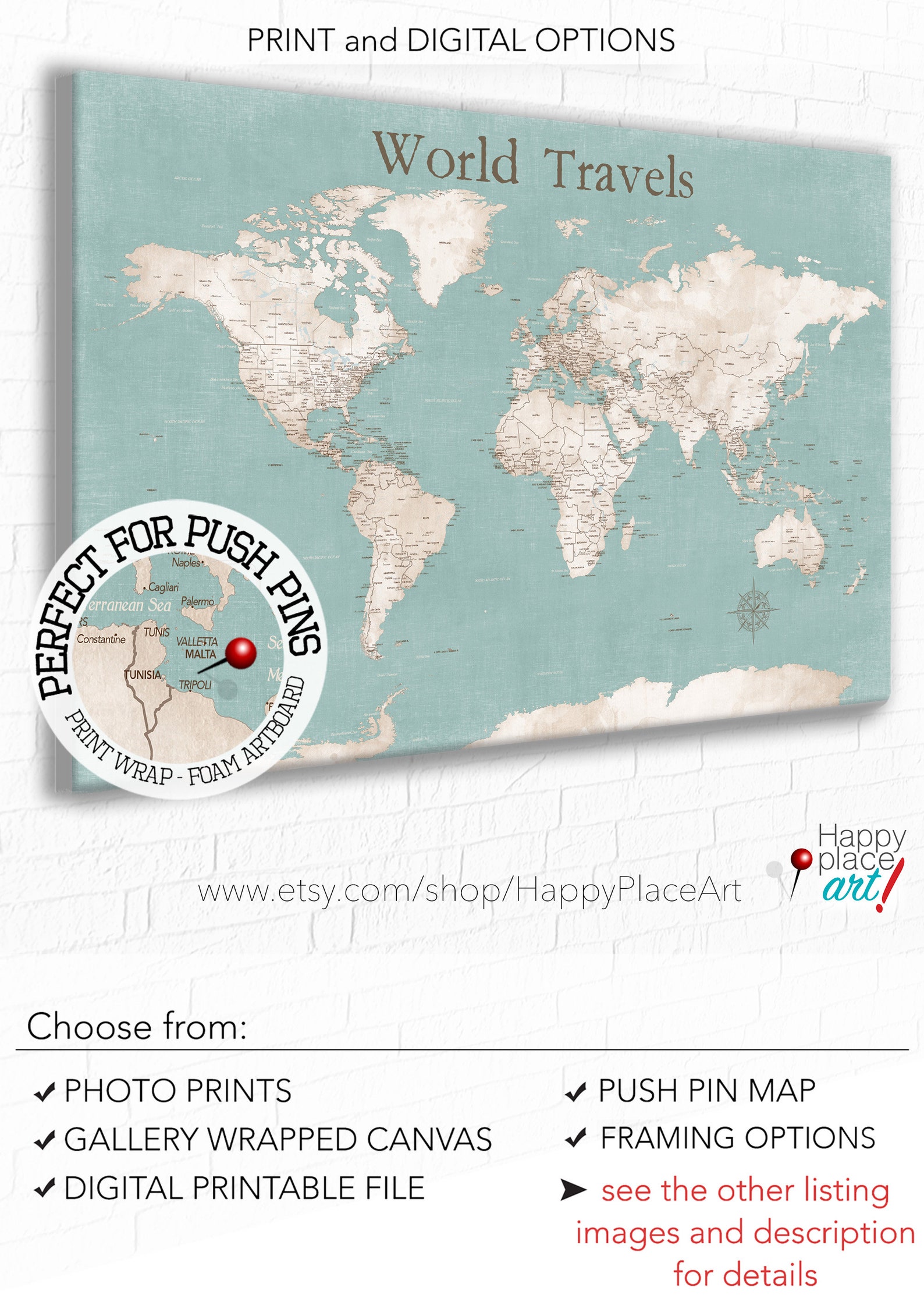 Push Pin Map of the World to Pin Travels. Personalize With a - Etsy