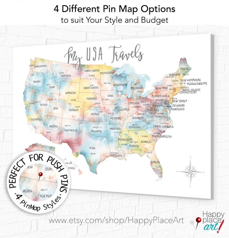 USA Travel Map Pretty USA Pinboard Wall Map for Young Woman | Etsy
