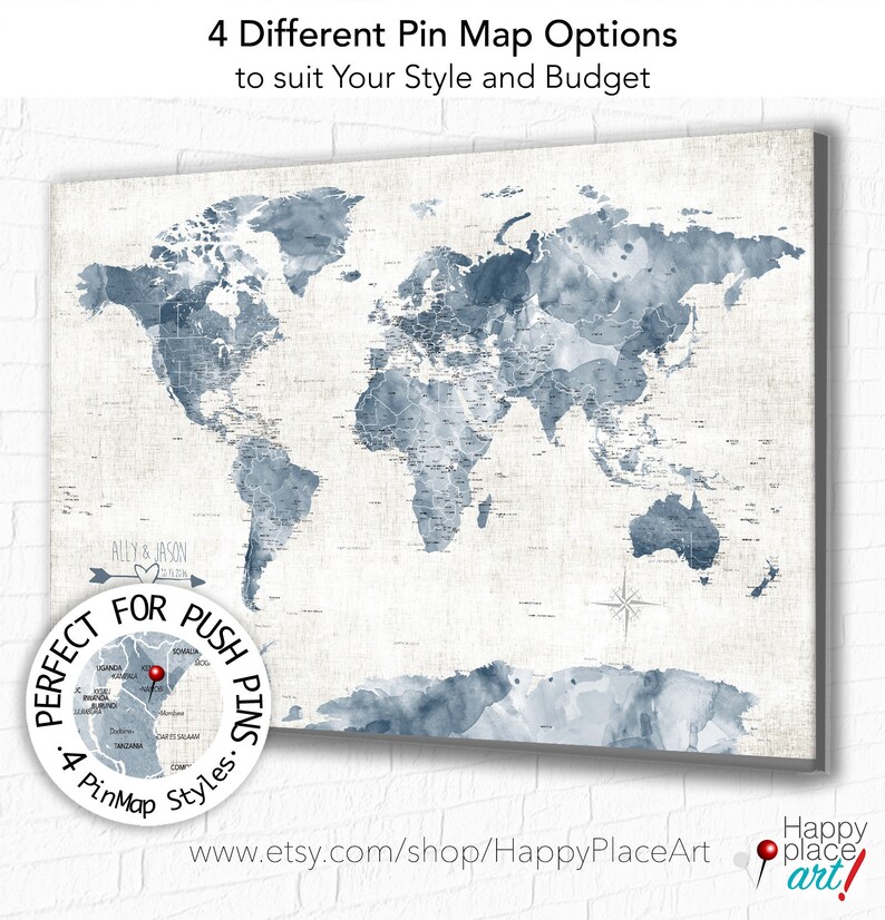 Muted Blue Gray World Map With Cities Large Watercolor Map in | Etsy