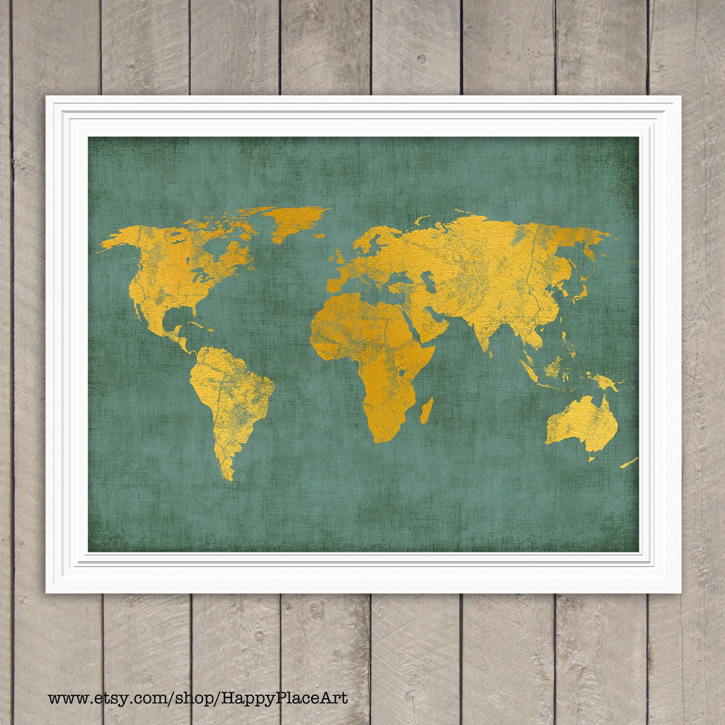 Large Gold World Map Gold Foil Style Dark Green Dorm Study | Etsy