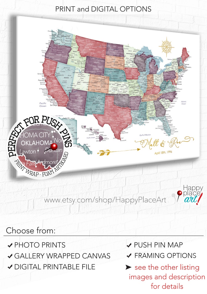 USA Travel Map for Push Pins Detailed United States Map With - Etsy