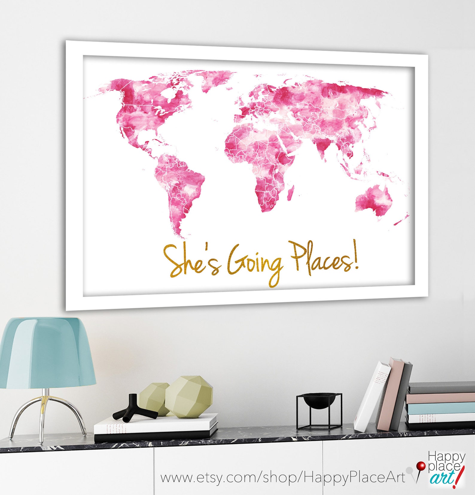 The Places She'll Go World Map Print Pink and Gold World - Etsy
