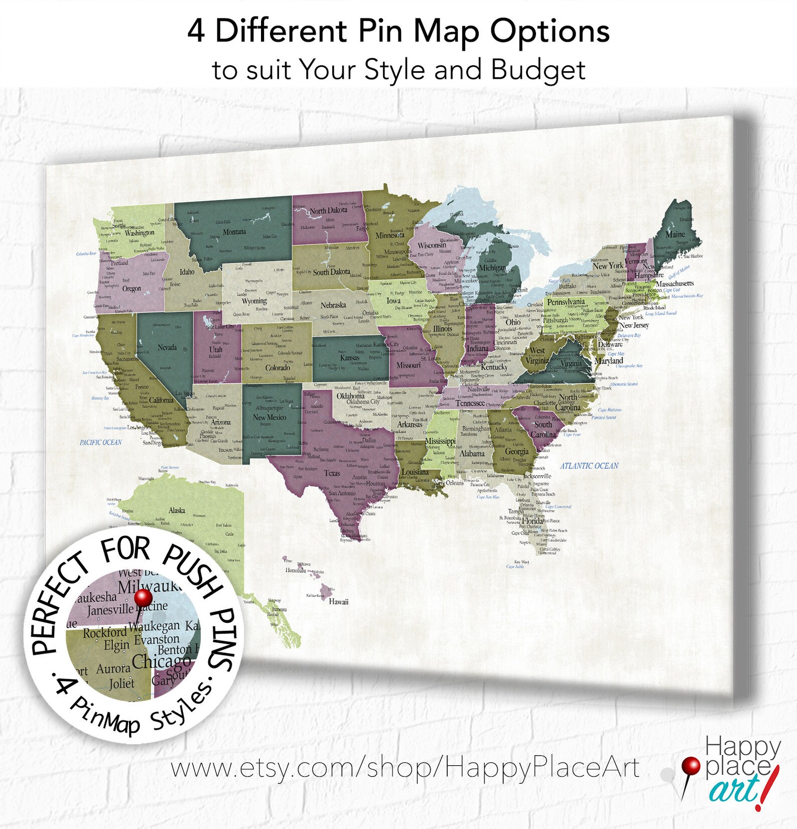 Map of USA With States and Cities. US Push Pin Map With Poster - Etsy