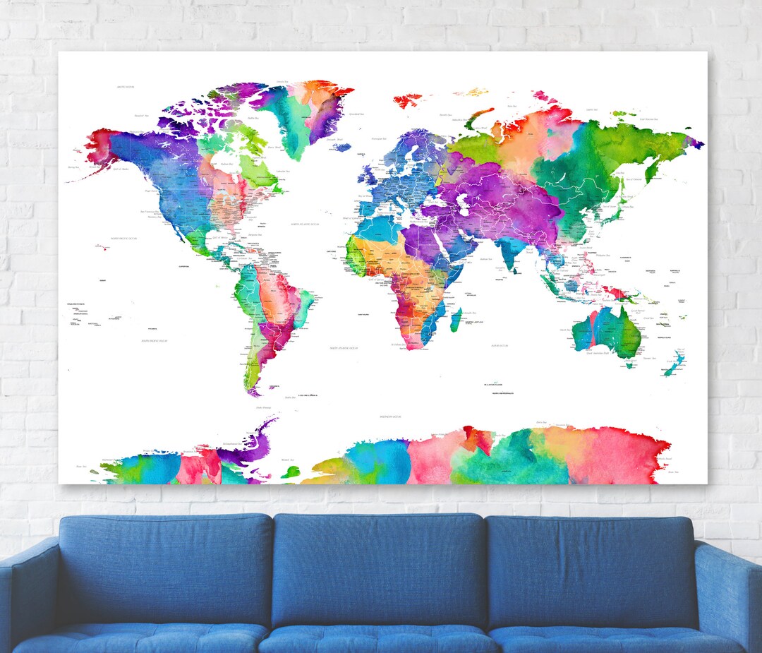 Large Bright Colorful World Map With City, Country and Ocean Labels ...