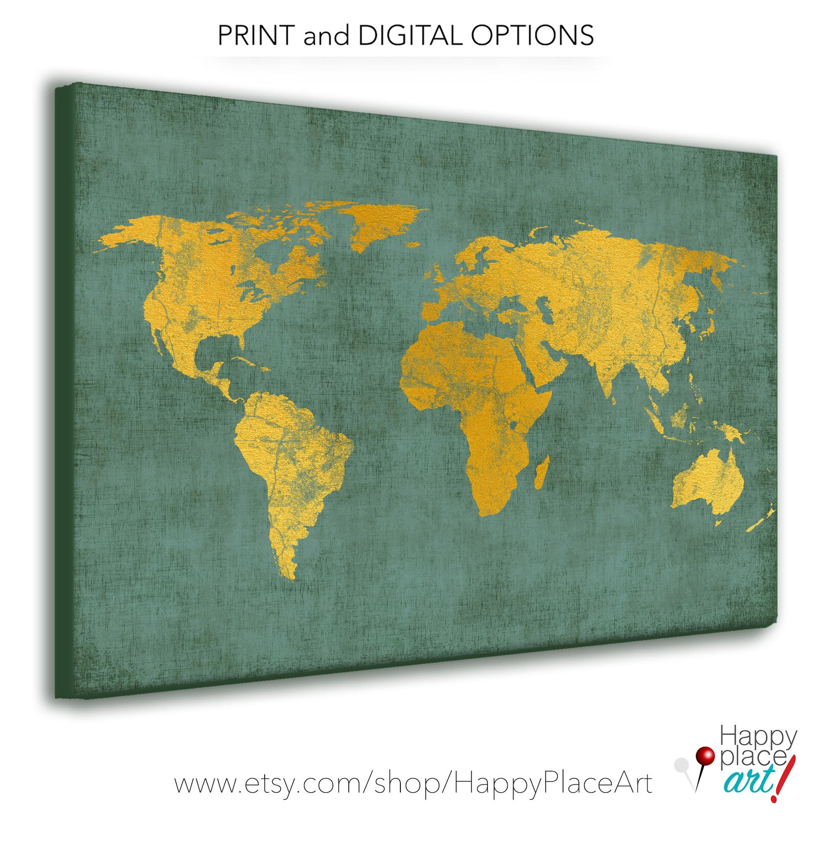 Large Gold World Map Gold Foil Style Dark Green Dorm Study | Etsy